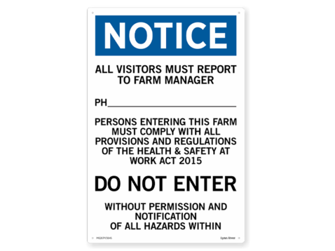 Lynn River Notice Visitors to Farm Mandatory Sign | NZ Farm Source